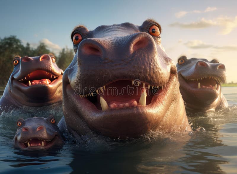 A group of hippos stock illustration. Illustration of grass - 289767137