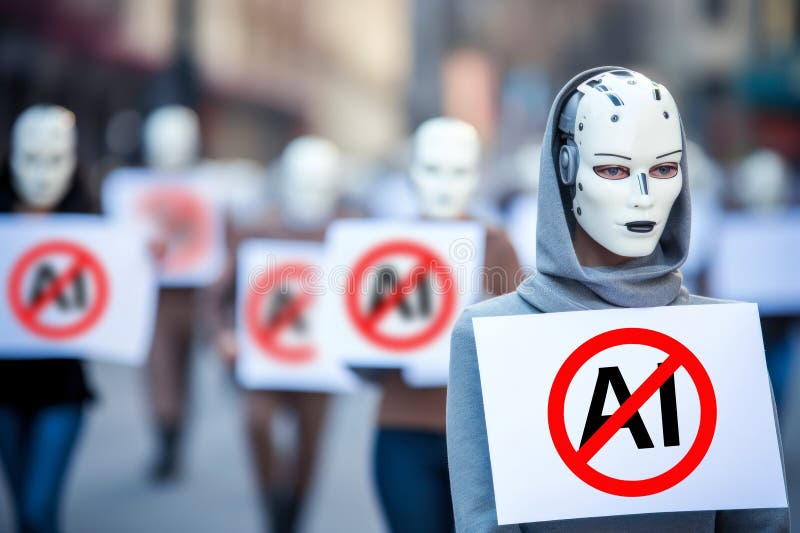 Group Holding Anti-AI Signs in Humanoid Robot Masks Stock Illustration ...