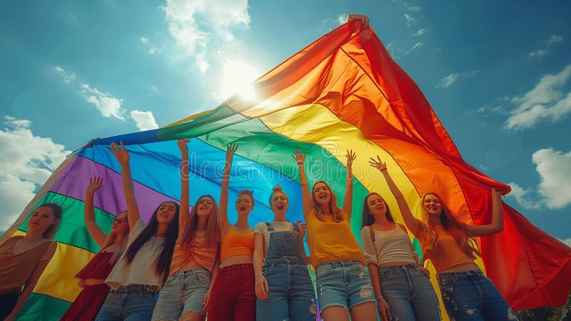 A Group Holding a Giant Rainbow Flag Wide Shot Stock Photo - Image of ...
