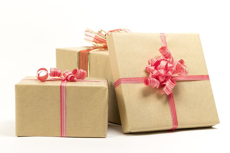 Group of Holiday Gift Boxes Decorated with Ribbon Isolated on White ...