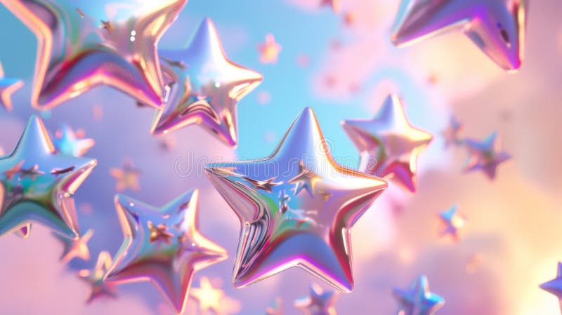 A Group of Holographic 3D Chrome Stars Floating in a Blue Sky with White Clouds Stock ...