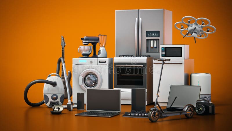 Group of Home Appliances and Consumer Electronics Standing on Red ...