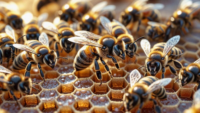 Group Honey Bees Working on Honeycomb Structure Inside Beehive ...