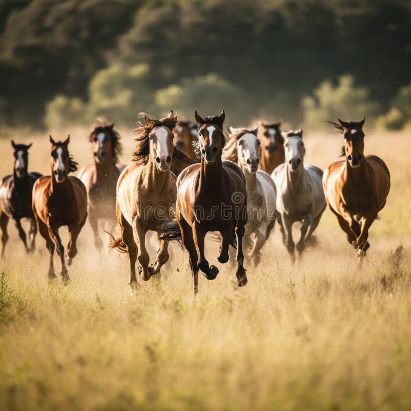 A Group of Horses Running Across a Meadow, Captured in a Dynamic Action ...