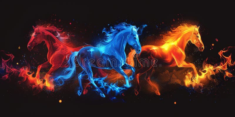 A Group of Horses Running through a Field of Fire Stock Photo - Image ...