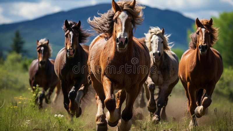 Group of Horses Running in Field. Generative AI. Stock Illustration ...