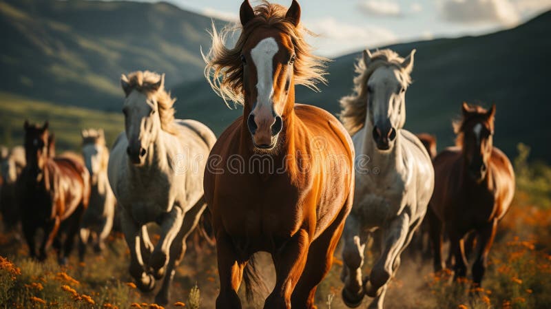 Group of Horses Running in Field. Generative AI. Stock Illustration ...