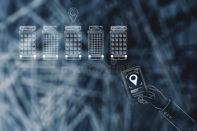 Group of Hotels and Smartphone with Gps Icon on Screen Stock ...