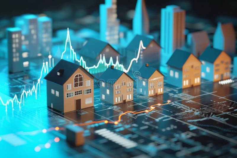Group of Houses on Top of a Computer Screen, a 3D Graph of Changing ...