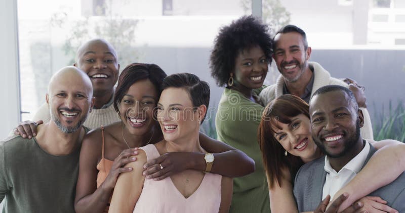 Group, Hug and Office Employees Smile in the Workplace or in Support of ...