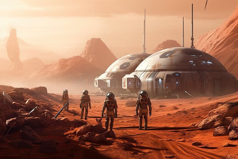 A Group of Human Colonizers is Shown Disembarking from a Spacecraft and ...