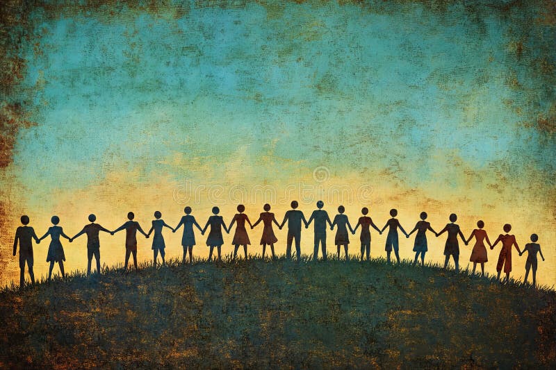 Group of Human Figures Holding Hands in a Circle Against a Backdrop of ...