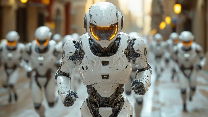 A Group of Humanoid Robots Running in Sync on an Urban Street ...