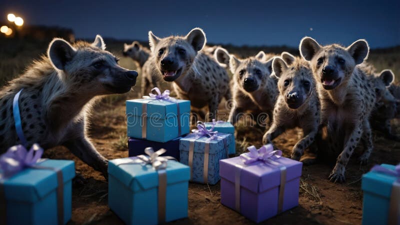 Spotted Hyenas with Birthday Presents at Dusk Stock Illustration ...