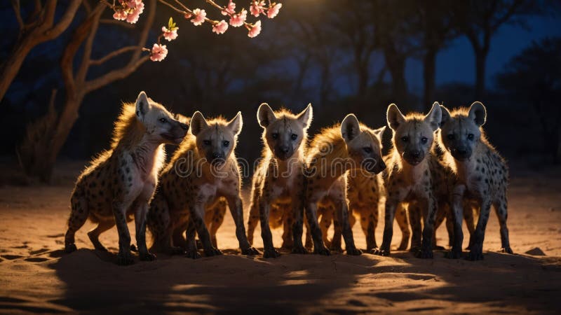Seven Spotted Hyenas Cubs at Night Under Cherry Blossom Tree Stock ...