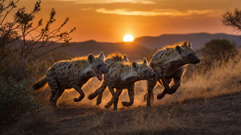 Three Spotted Hyenas Running at Sunset in African Savanna Stock ...