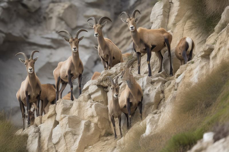 A Group of Ibex in a Herd, Standing on a Cliffside Stock Illustration ...