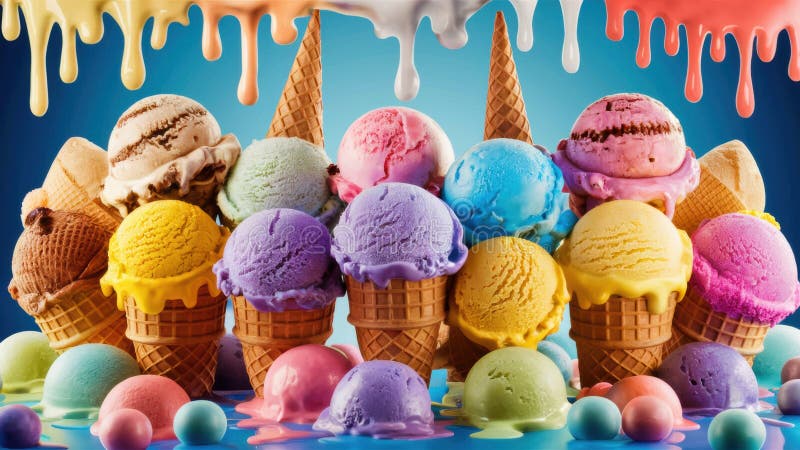 A Group of Ice Cream Cones with Different Colored Icicles and Drips, AI ...