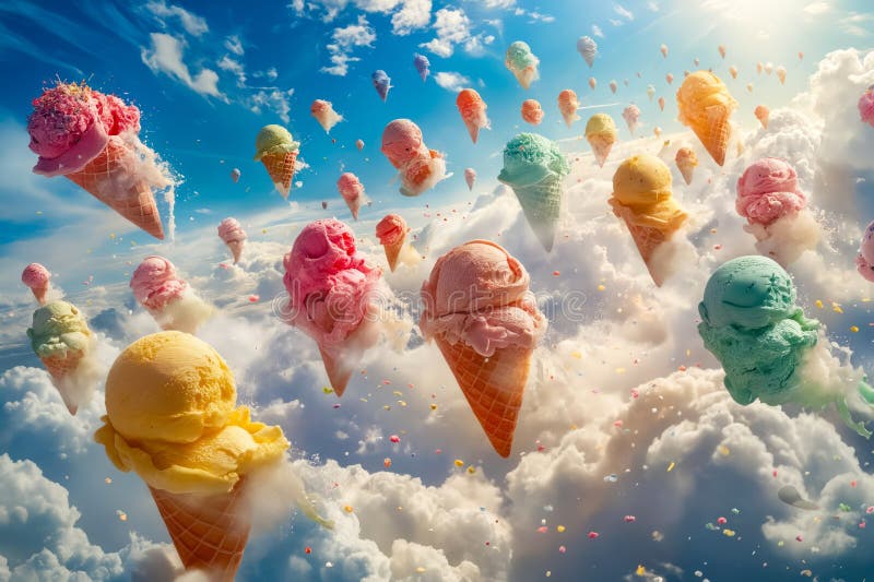 A Group of Ice Cream Cones Flying through the Air in the Sky ...