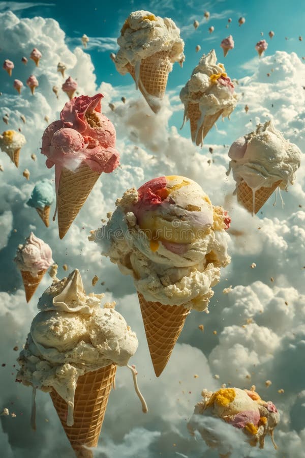 A Group of Ice Cream Cones Flying through the Air in the Sky ...