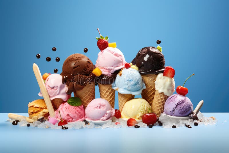 Group of Ice Cream Cones Sitting on Top of Table. Stock Photo - Image ...