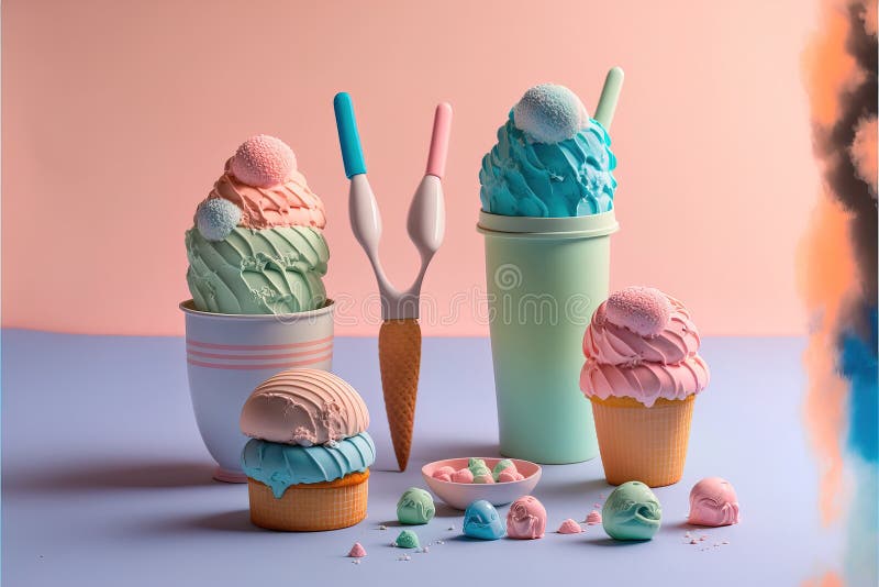 A Group of Ice Creams and a Cup of Ice Cream on a Table with a Pink ...