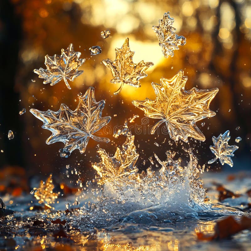 A Group of Ice Leaves Falling into a Puddle of Water Stock Image ...