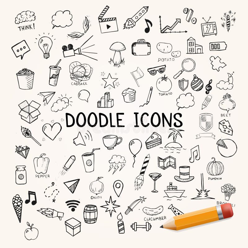 Group of Icons, Doodle Objects Stock Illustration - Illustration of ...