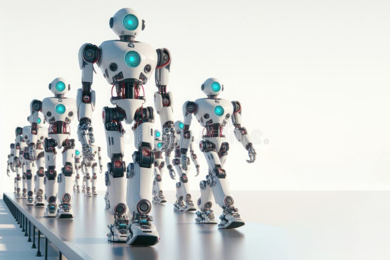 A Group of Identical Robots Walking Along the Catwalk. Space for Text ...