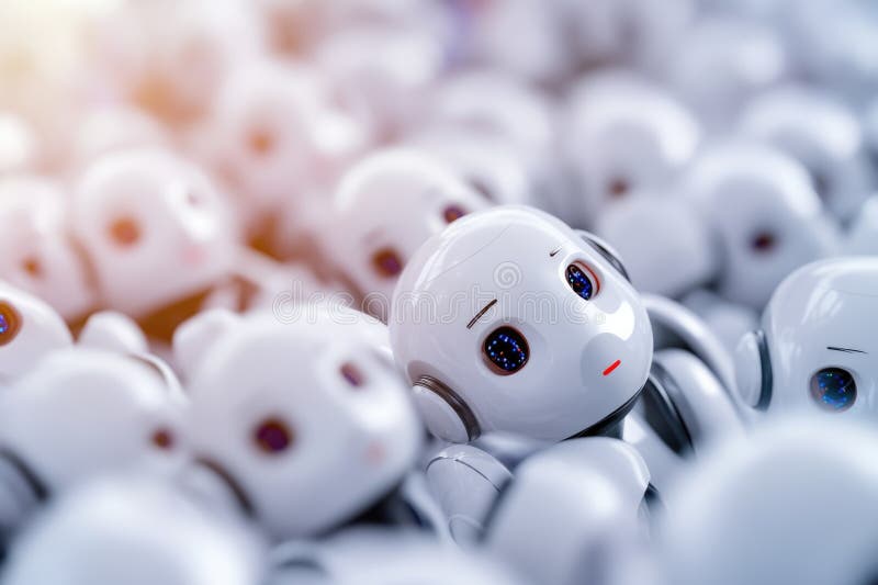 Group of Identical White Robots with Expressive Faces and Blue Eyes ...