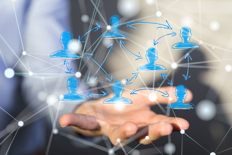 Group of Illustrated People Icons Floating Above a Hand Stock ...