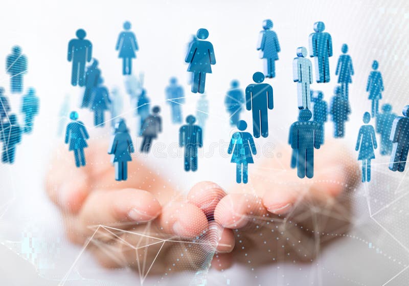 Group of Illustrated People Icons Floating Above a Hand Stock Photo ...