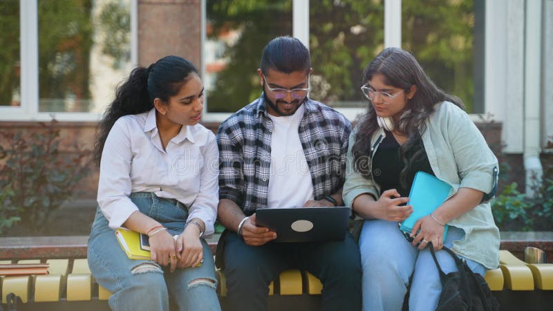 Group of Indian Students with Laptop Study Together Outdoors Stock ...