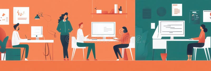 A Group of Individuals Collaborates at Computer Desks, Focused on Their ...