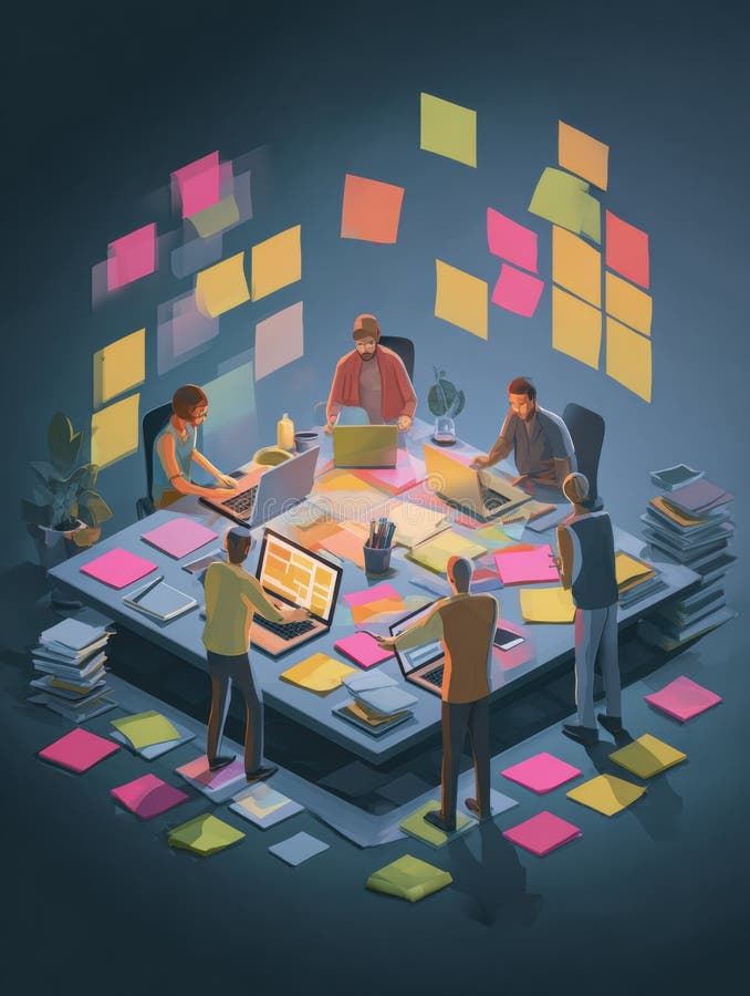 Collaboration in a Modern Workspace with Laptops, Sticky Notes, and ...