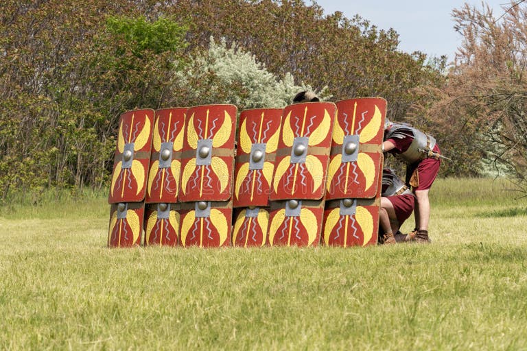 Shield Wall of Roman Legionnaires during a Re-enactment of an Ancient ...