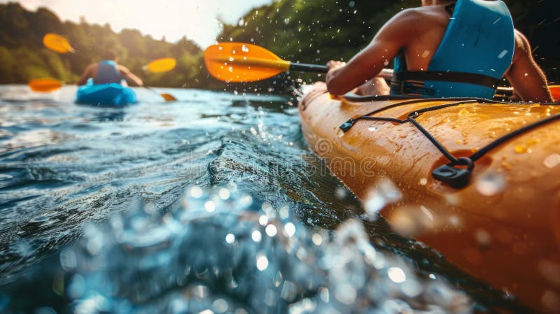 Group of People Kayaking Down River Stock Image - Image of kayaking ...