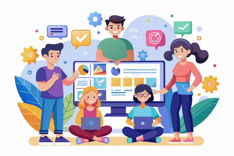 Group of Individuals Gathered Around Computer Screen, Discussing and ...