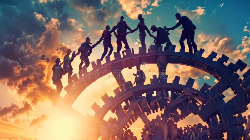 Group of Individuals Standing on a Massive Clock, Teamwork and ...