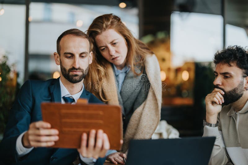 Business Professionals Collaborating while Analyzing a Tablet in a ...