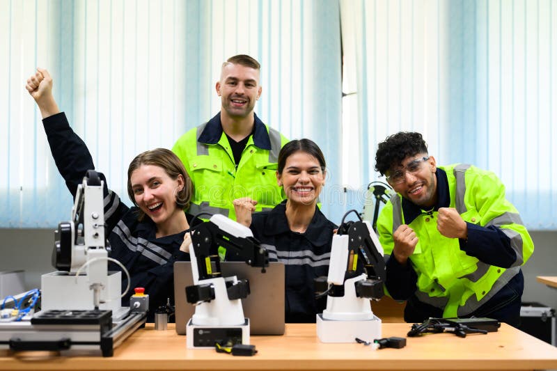 Group of Industrial Engineers Working with Robot Maintenance Stock ...