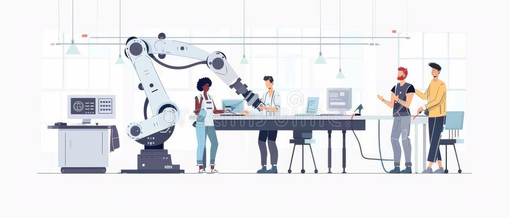 A Group of Industrial Robotics Engineers Gather Around a Table with a ...