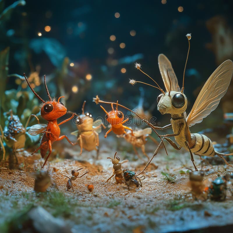 A Group of Insects Conversing on Soil Ground with Grass, Surrounded by ...