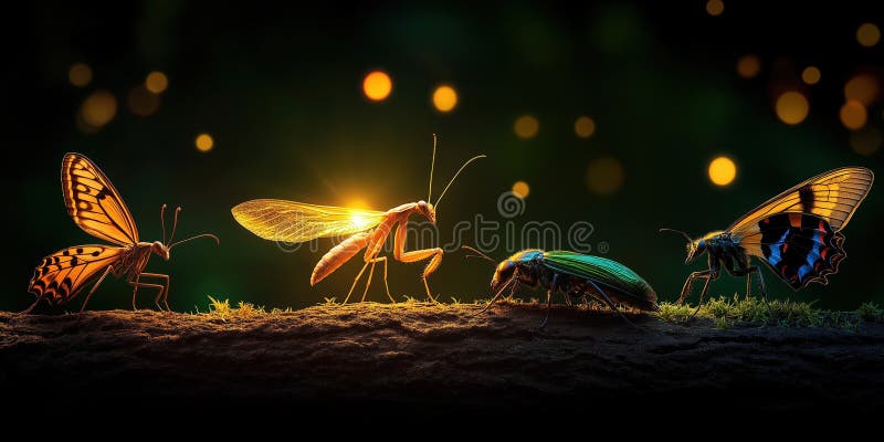 Group of Insects, Including a Praying Mantis, are Standing on a Dark ...
