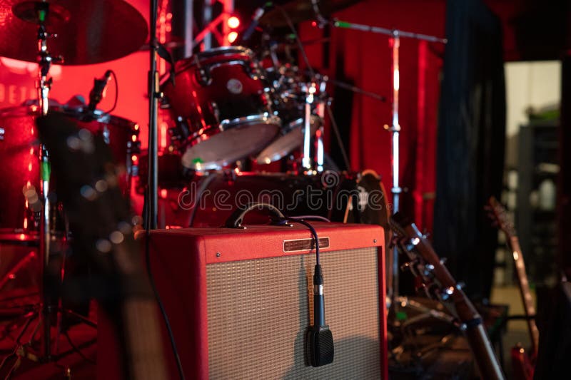 Group of Instruments Seen on Stage at Night Stock Image - Image of ...