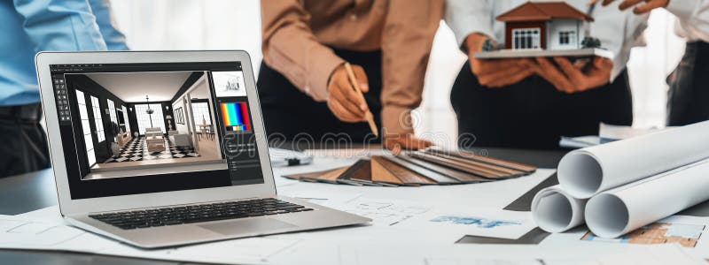 Group of Interior Architect Designer Discussing Together with Software ...