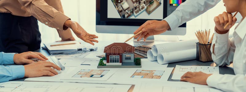 Group of Interior Architect Designer Discussing Together with Software ...