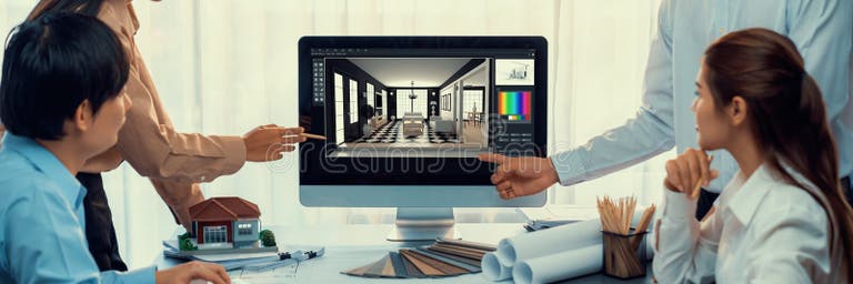 Group of Interior Architect Designer Discussing Together with Software ...