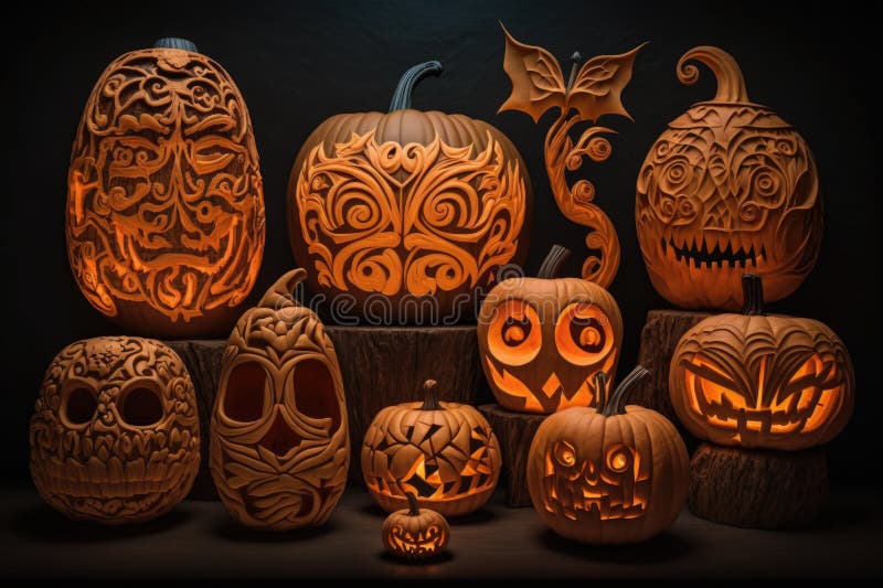 Group of Jack-o -lanterns of Various Shapes, Sizes and Designs Stock ...