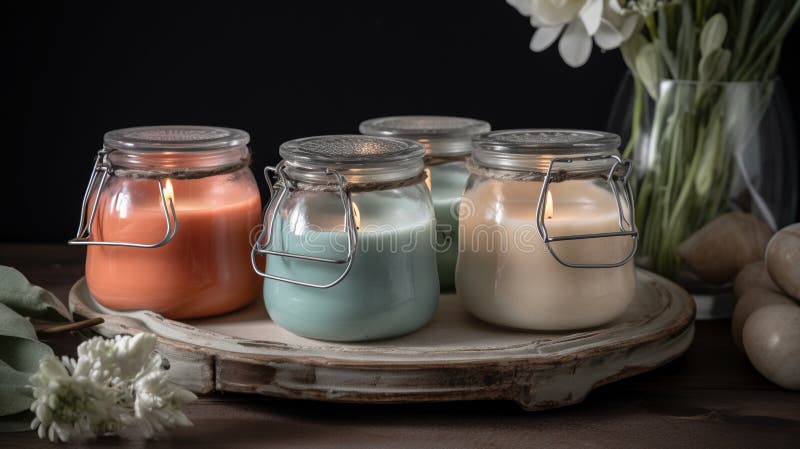 A Group of Jars Filled with Different Colored Liquid Next To Flowers ...